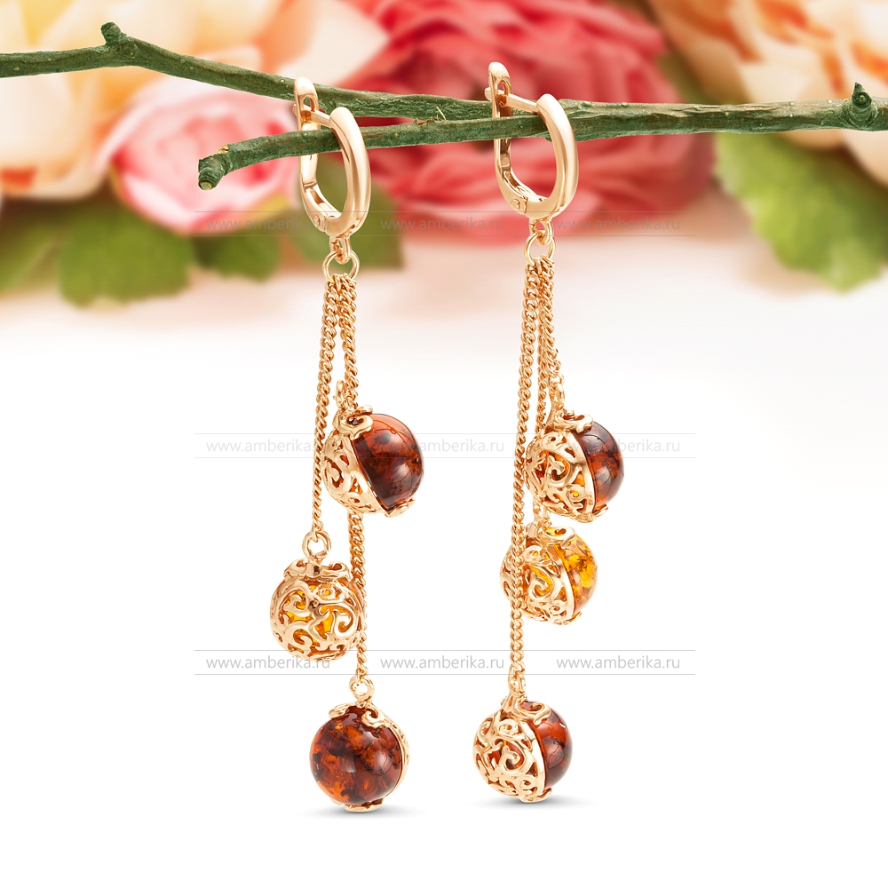 Серьги "Фаберже" из серебра 925 пробы, украшенные природным янтарем ...